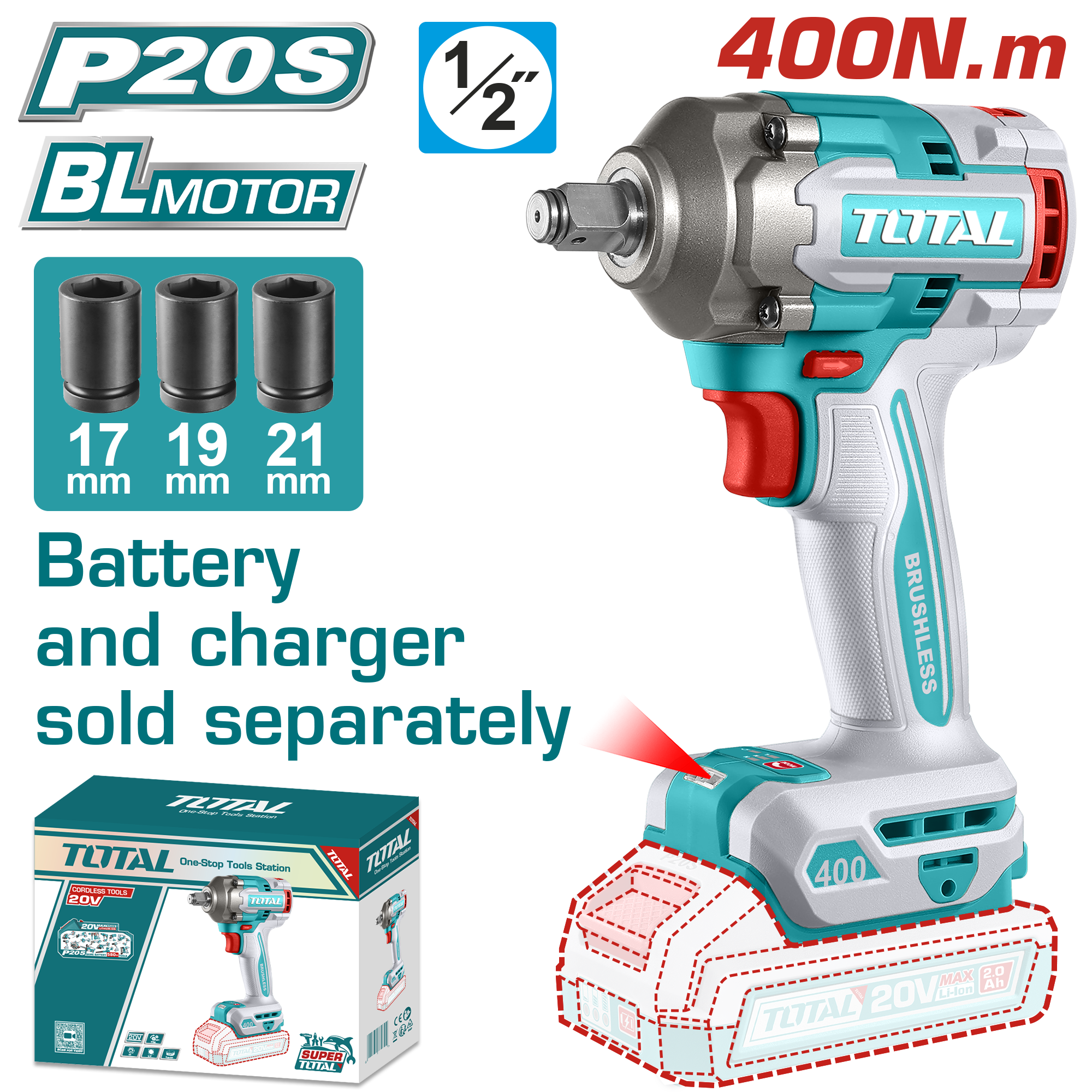 Total tools Cordless impact Brushless wrench 1/2 inch 20V 400 NM Witho