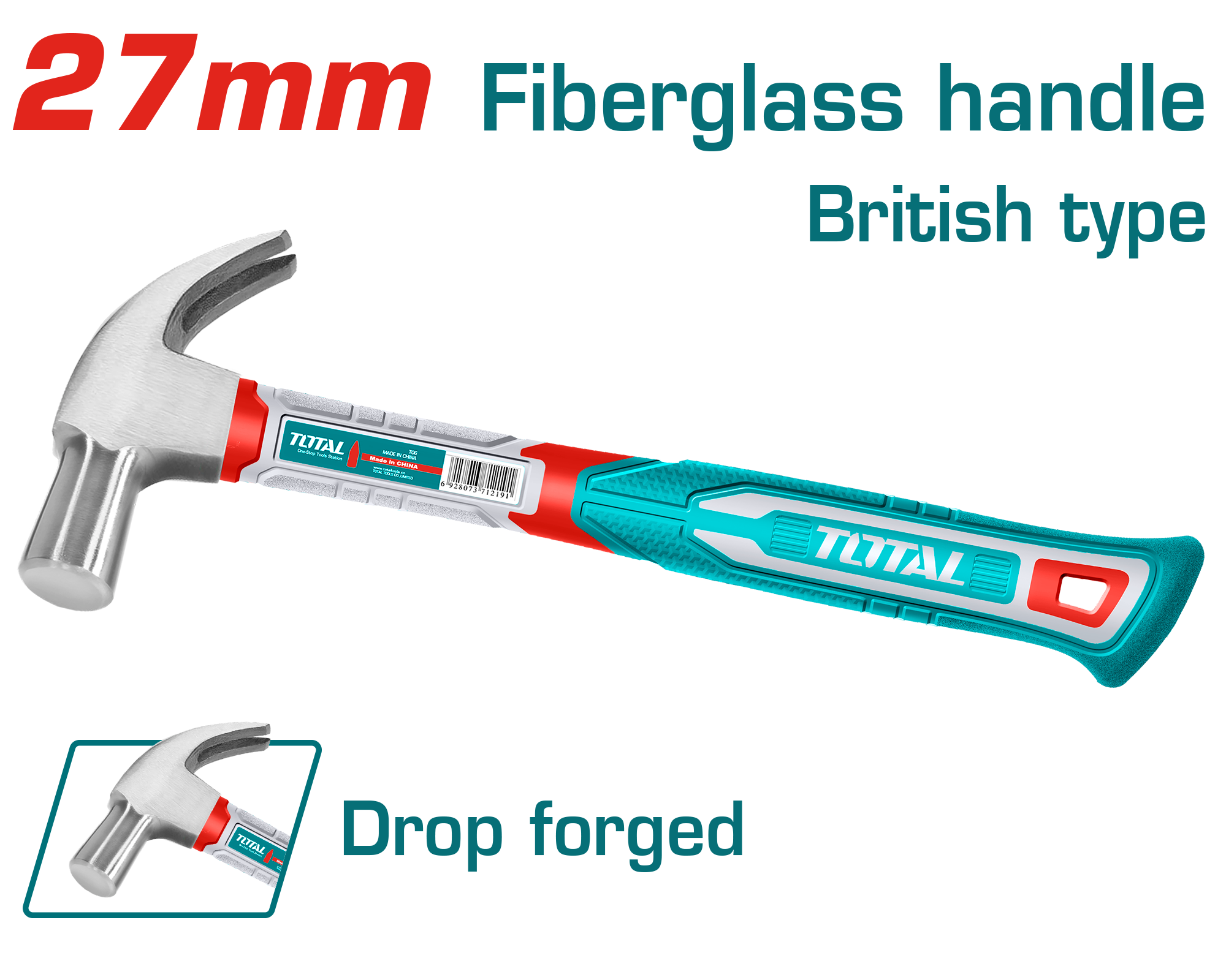 Total tools British type claw hammer 27mm with fiberglass handle - THC