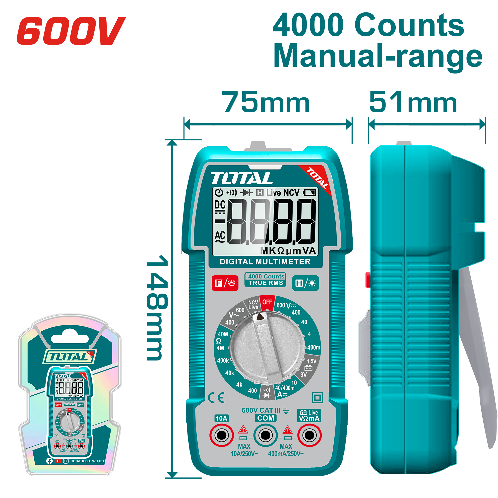 توتال تولز افوميتر ديجيتال 600 فولت DC/AC موديل TMT536002