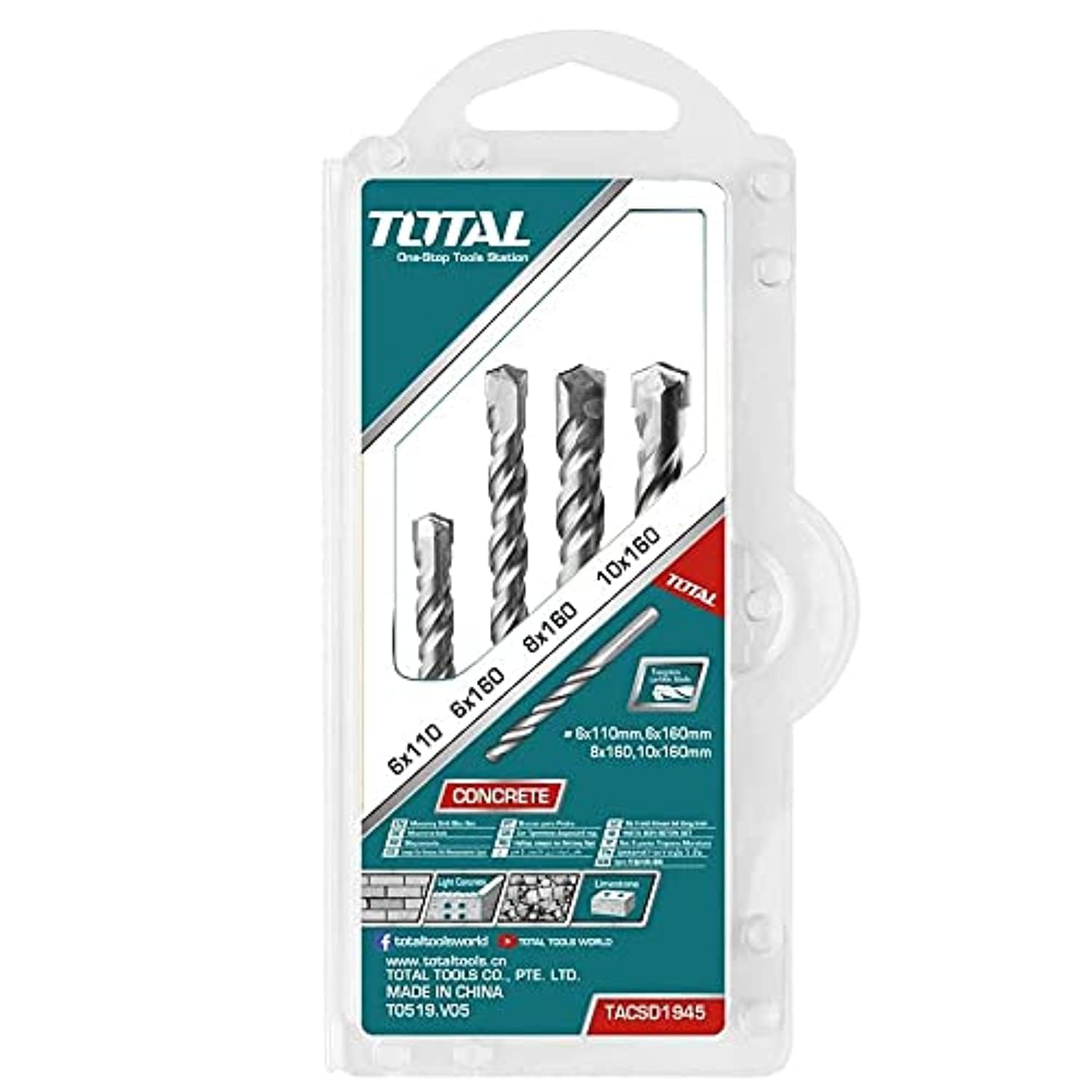 TOTAL TOOLS4 Pcs hammer drill bits SDS plus set-TACSD1945
