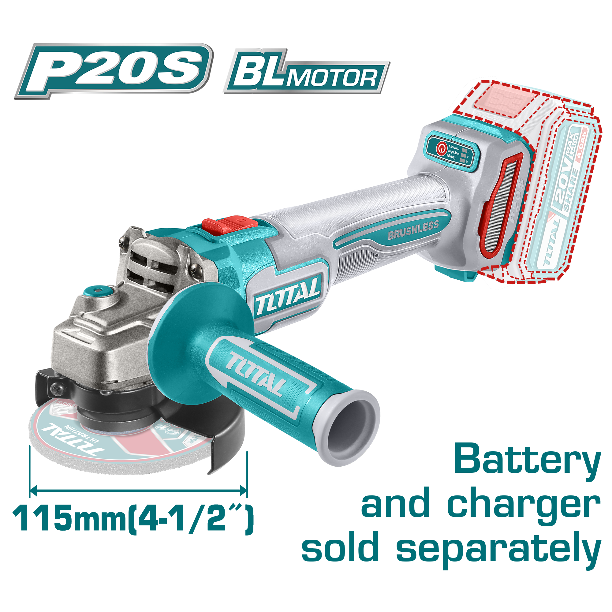 Total tools Lithium-Ion Brushless angle grinder 20 v 4.5 " without Bat