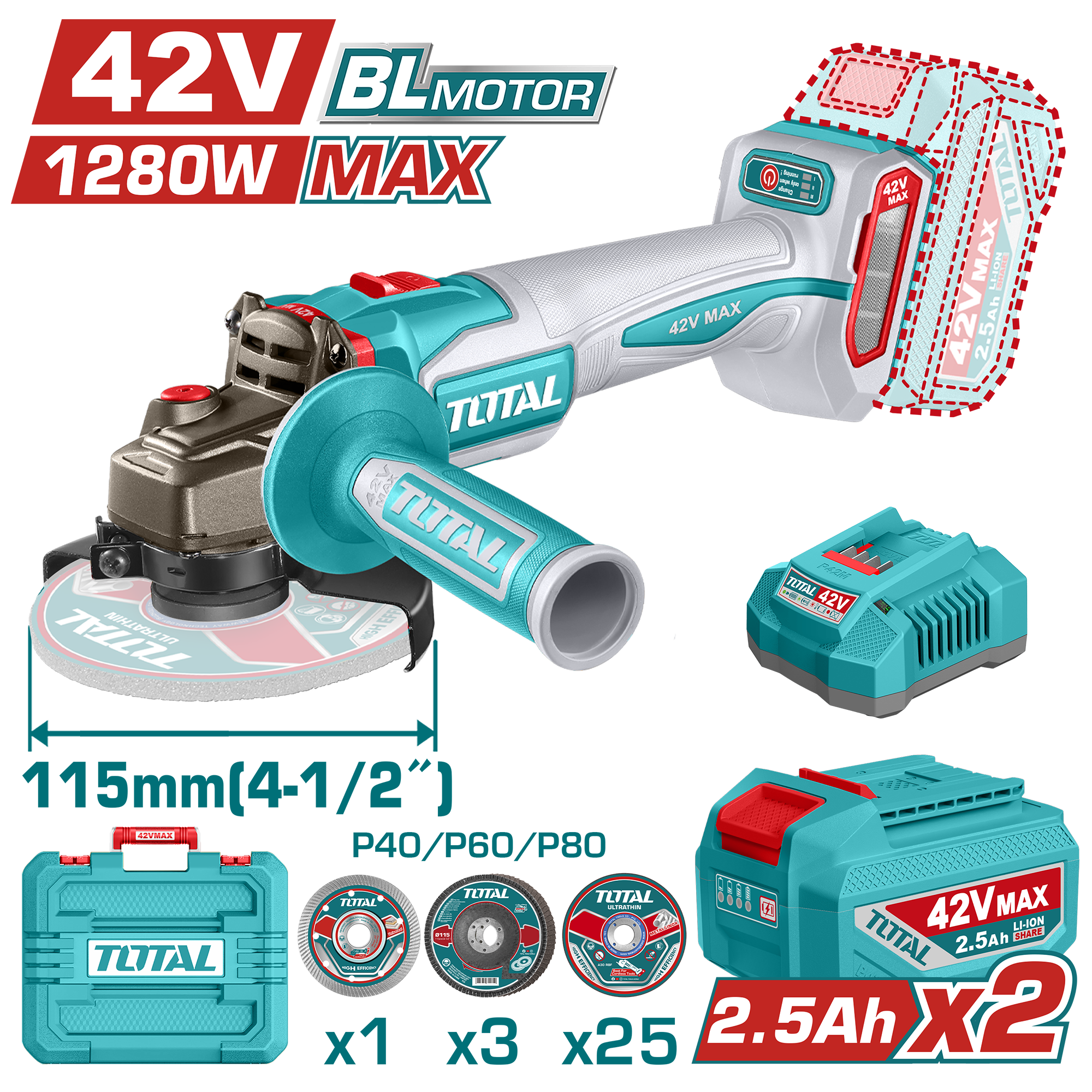 Total Tools 42V Brushless Cordless Angle Grinder 4.5" Variable Speed
