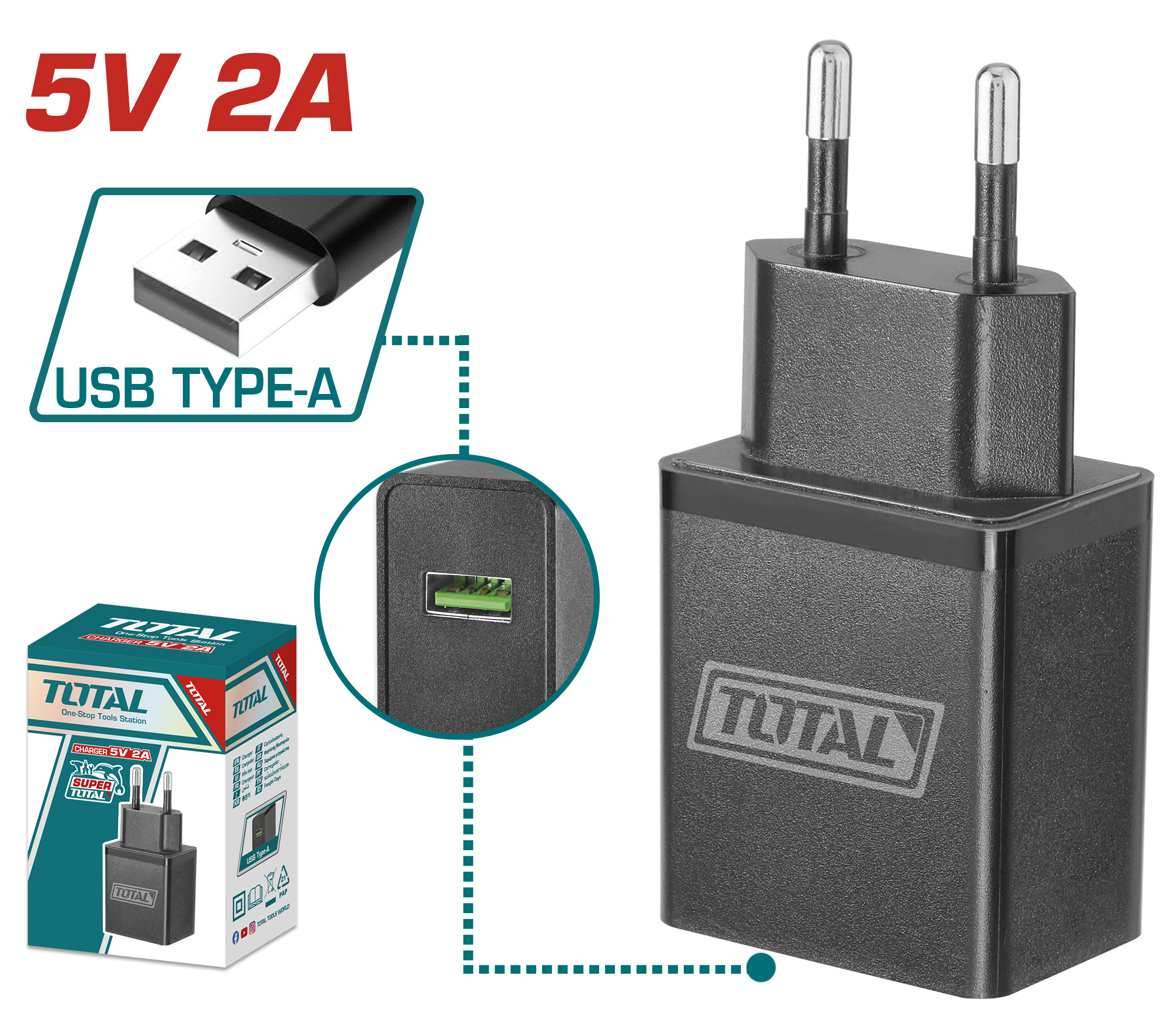توتال تولز راس شاحن / ادابتور (USB type-A ) مقاس 5 فولت 2 امبير - TCLI