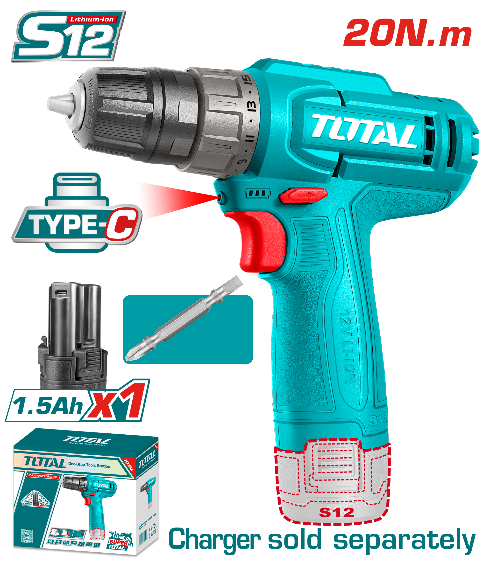 Total Tools 12V Cordless Drill 10mm Plastic Chuck – Max Torque 20Nm