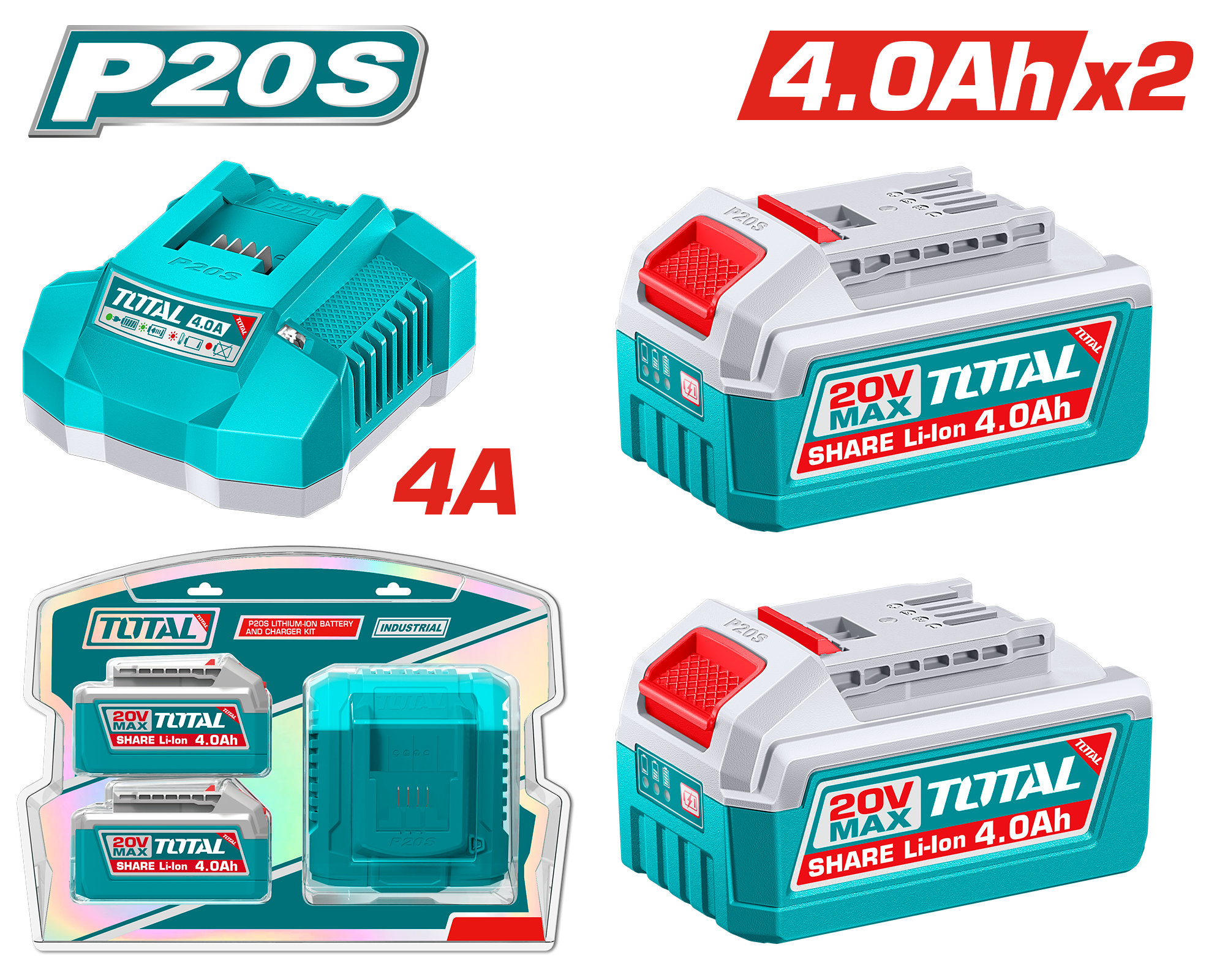 توتال تولز طقم بطاريتين ليثيوم 20 فولت 4 امبير + شاحن - TFBCPK2013