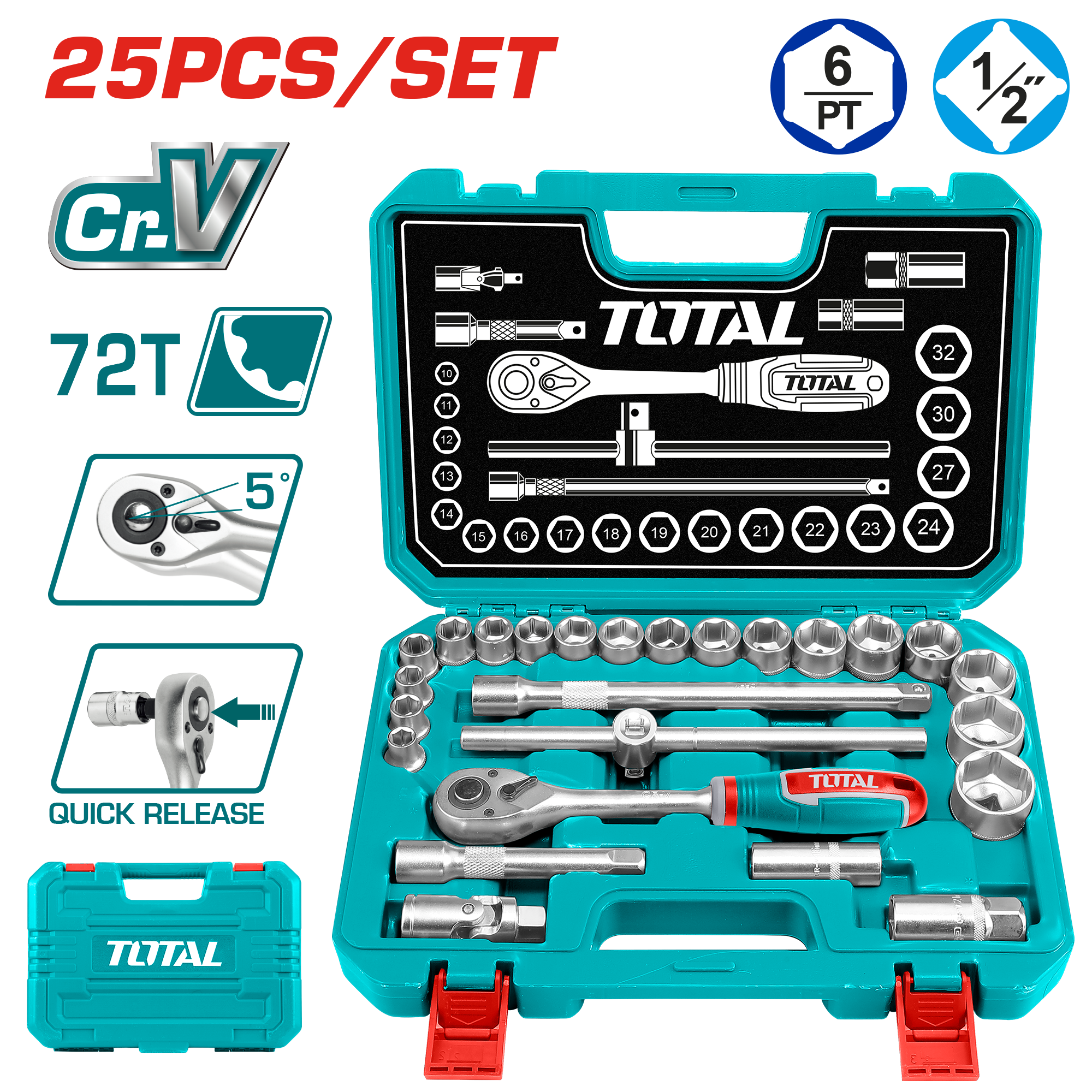 Total Tools 25 Pcs 1/2" Socket Set with Ratchet Handle 10 – 32 mm – TH