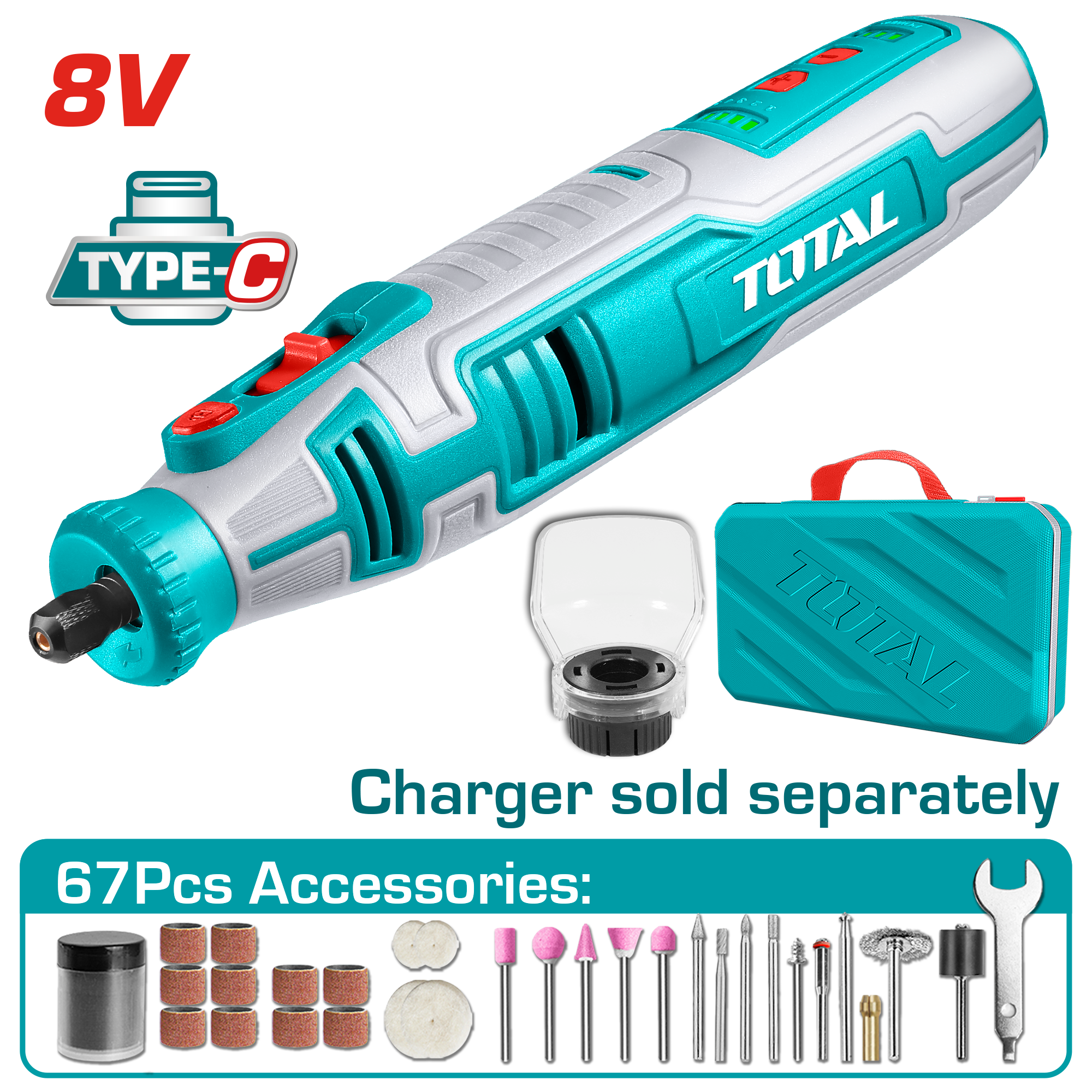 Total tools Cordless mini grinder 8 volt with 67 Pcs Accessories - TMG