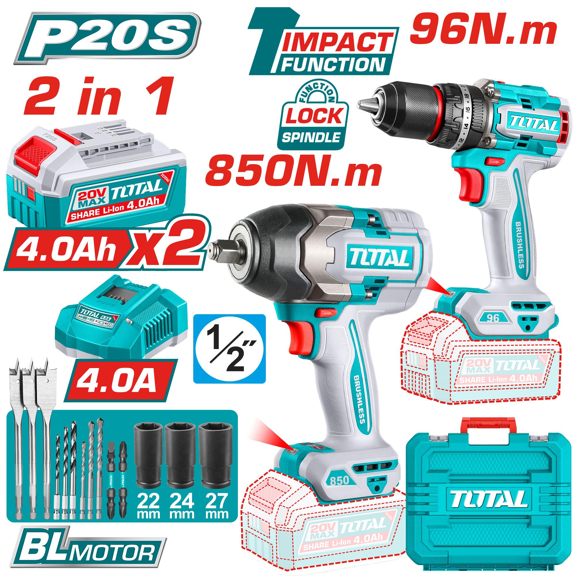 Total tools Cordless 2pcs combo kit 20V (cordless impact drill + impac