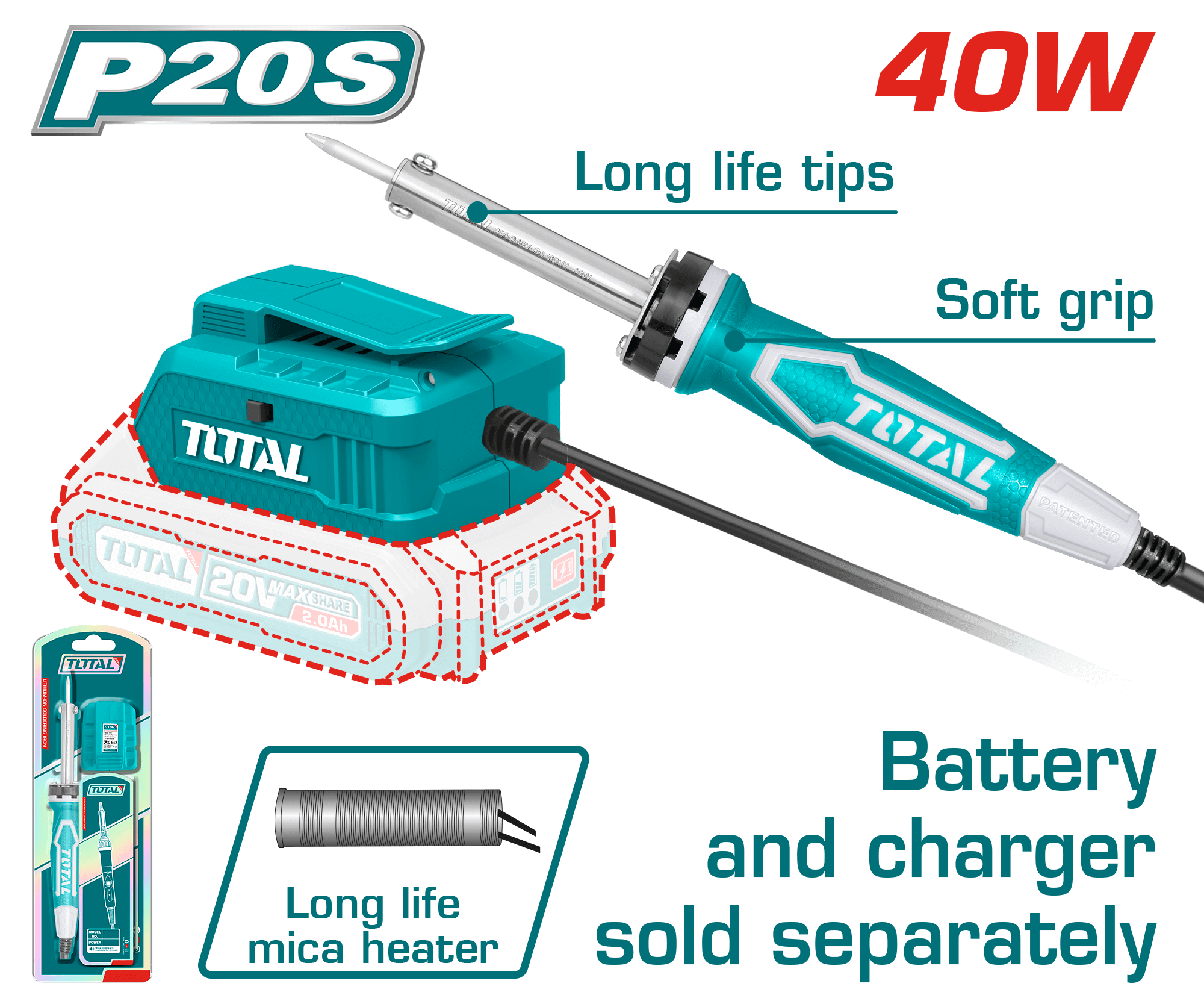 توتال تولز مكواة لحام قصدير بطارية 20 فولت 40 وات - بدون بطارية و شاحن