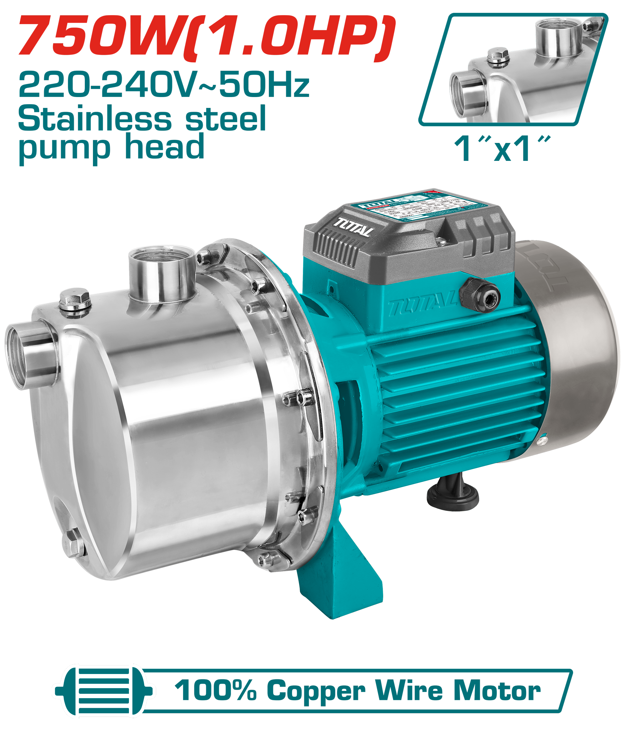 Total tools Stainless Steel Self-Priming Jet Water Pump 1.0 HP - TWPS3